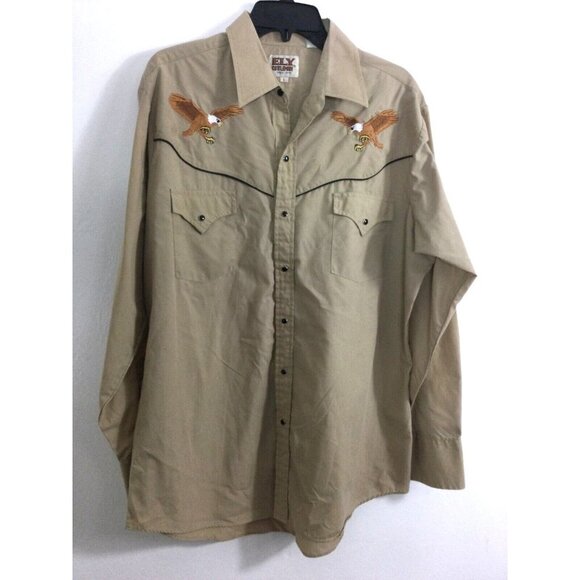 Ely Cattleman | Shirts | Ely Cattleman Button Down Shirt Mens L Khaki Snap Eagle Embroidered ...